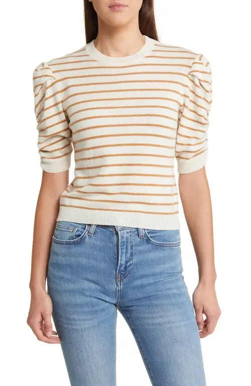FRAME Stripe Ruched Sleeve Cashmere Sweater
