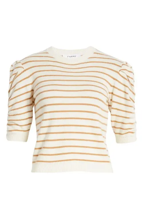 FRAME Stripe Ruched Sleeve Cashmere Sweater