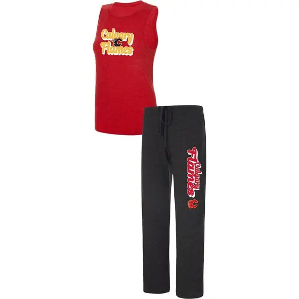 CONCEPTS SPORT Heather Red/heather Calgary Flames Meter Muscle Tank Top & Pants Sleep Set - Black