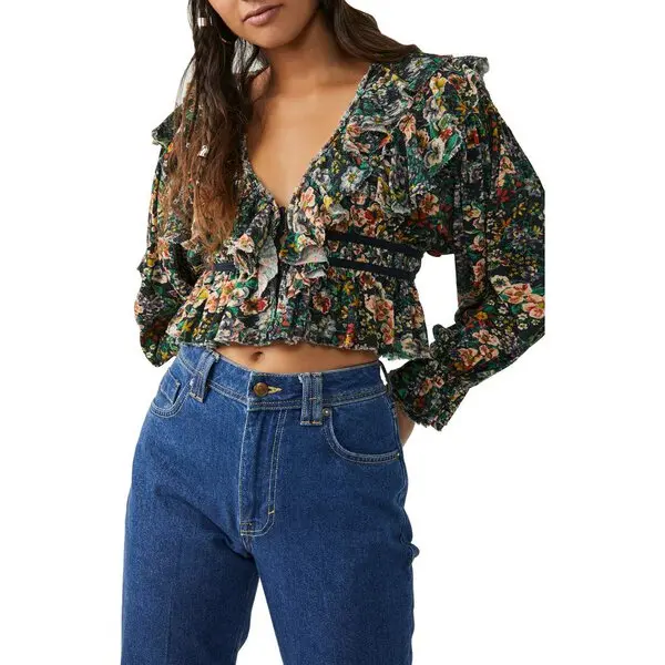 Free People Rudi Printed Ruffle Crop Blouse - Night Garden Combo