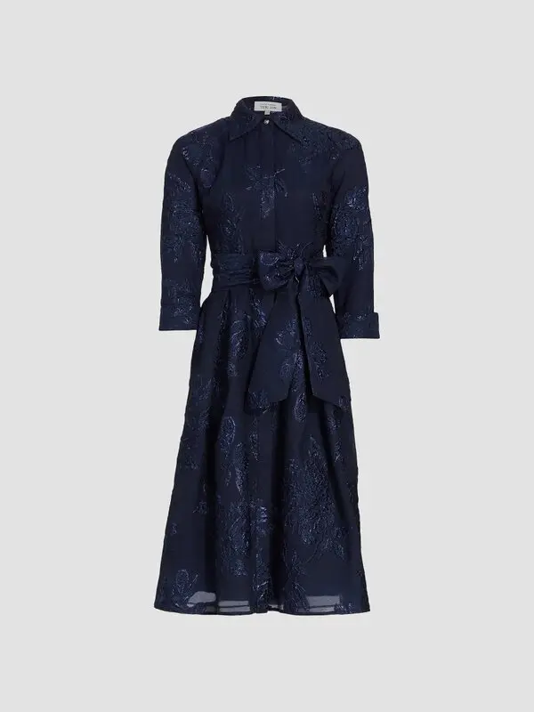 Rickie Freeman For Teri Jon Jacquard Floral-print Shirtdress - Navy