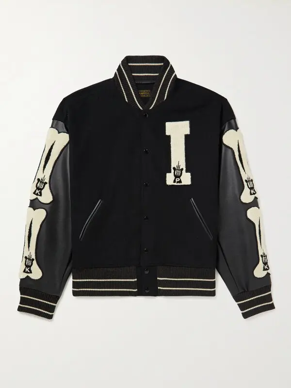 Kapital Faux Leather And Wool-blend Varsity Jacket - Black