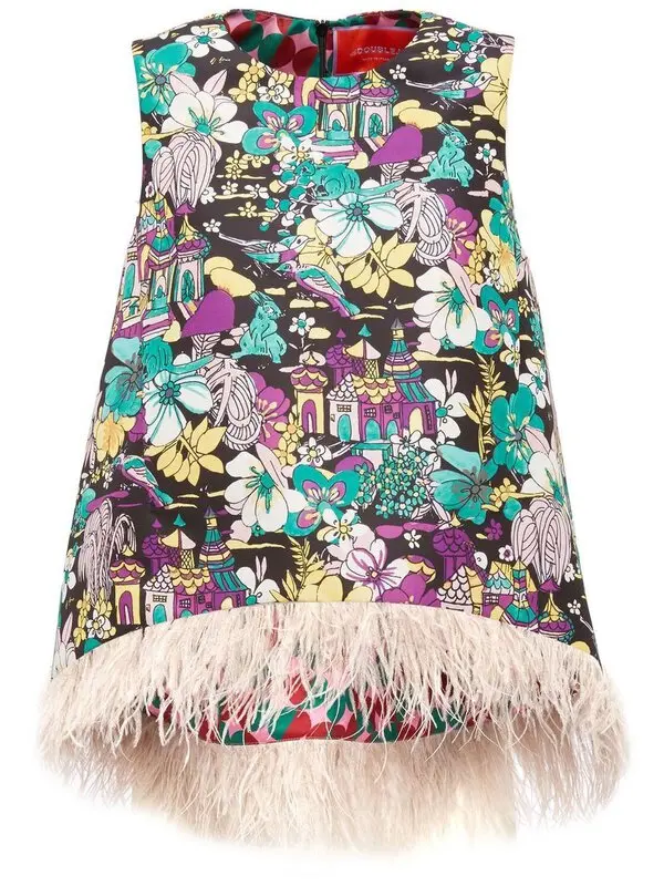 La DoubleJ La Scala Feather-trim Jacquard Top