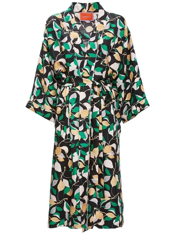 La DoubleJ Leaf Print Silk Robe - Black