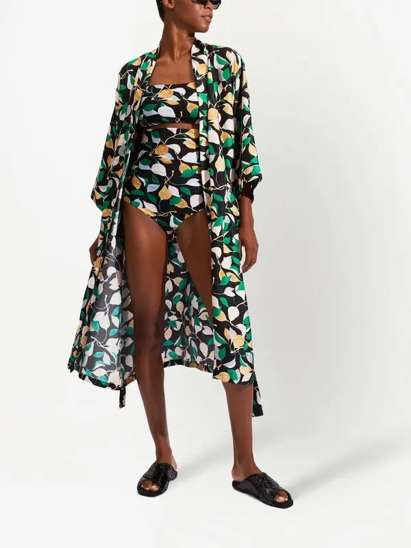 La DoubleJ Leaf Print Silk Robe - Black