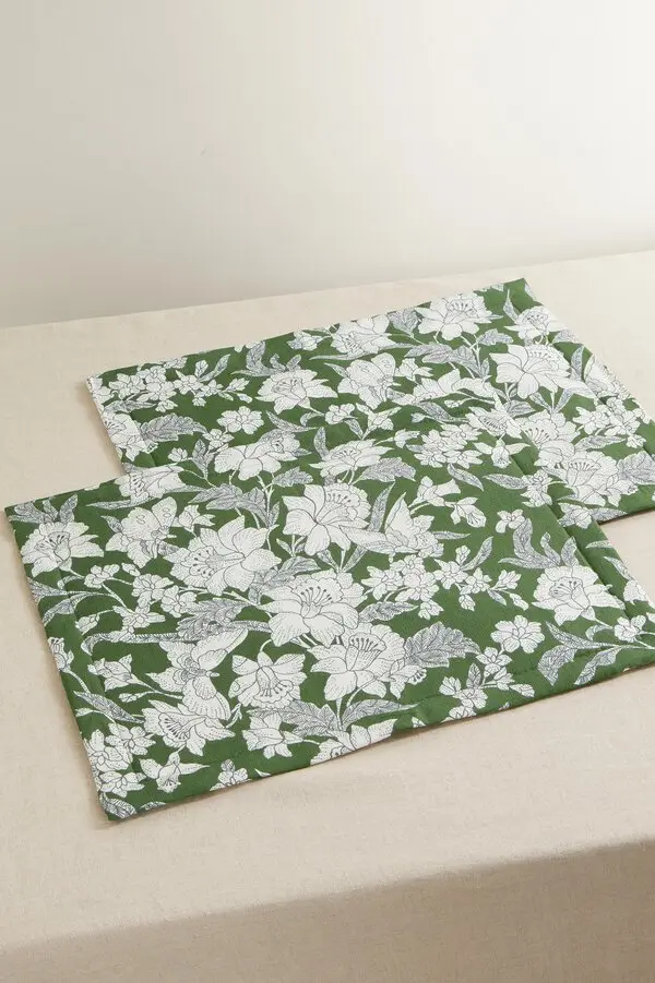 La DoubleJ Set Of Two Floral-print Linen Placemats - Green