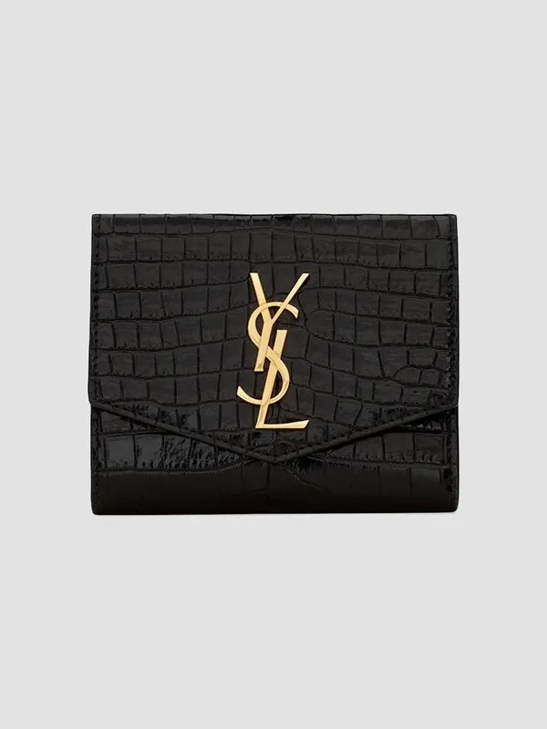 Saint Laurent Uptown Compact Wallet In Crocodile-embossed Shiny Leather