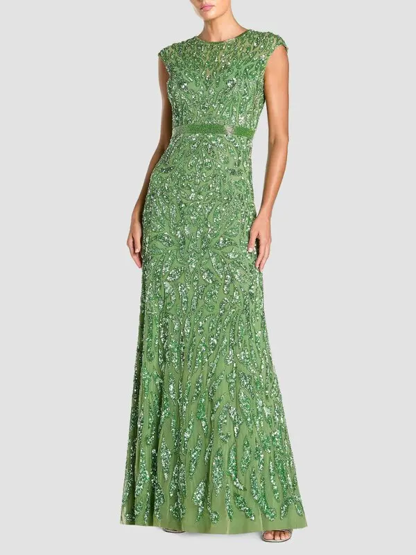 Mac Duggal Embellished Illusion Cap-sleeve Column Gown