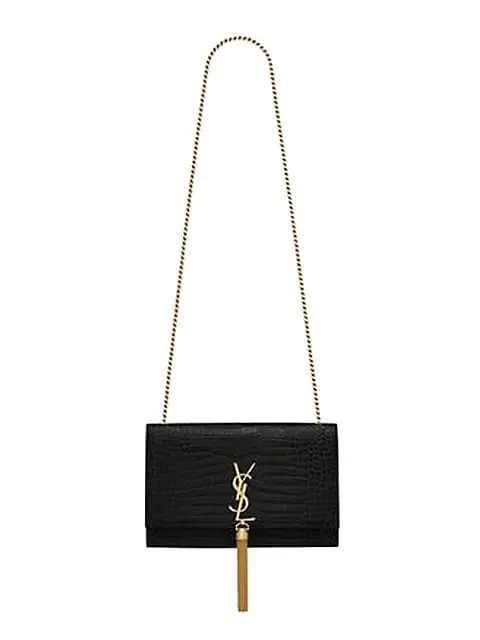 Saint Laurent Kate Medium Chain Bag With Tassel In Crocodile-embossed Shiny Leather - Nero