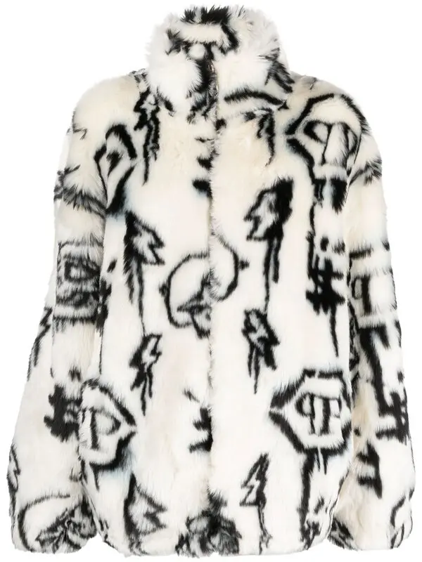 Philipp Plein Monogram Faux Fur Coat - White