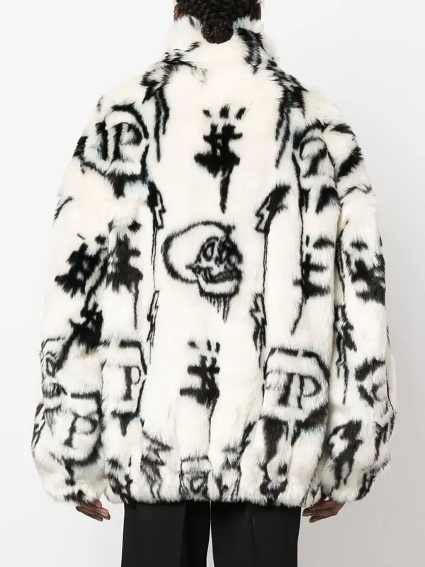 Philipp Plein Monogram Faux Fur Coat - White