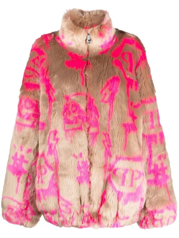 Philipp Plein Monogram Faux Fur Coat - Pink