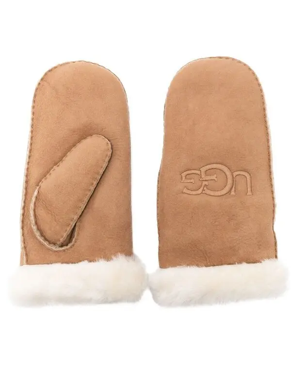 UGG Embroidered-logo Shearling Mittens - Brown