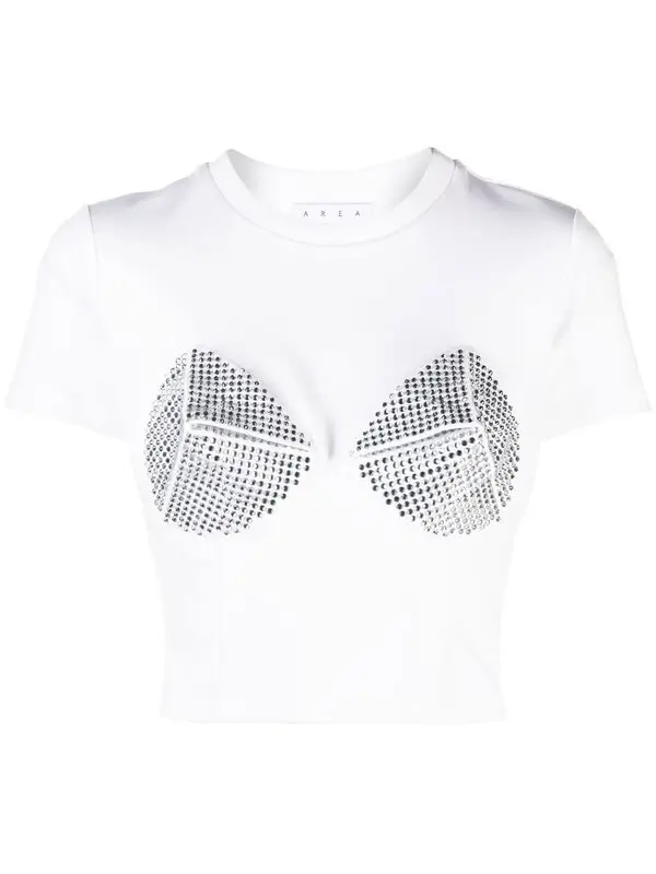 AREA Embellished Cup-detail Cropped T-shirt - White