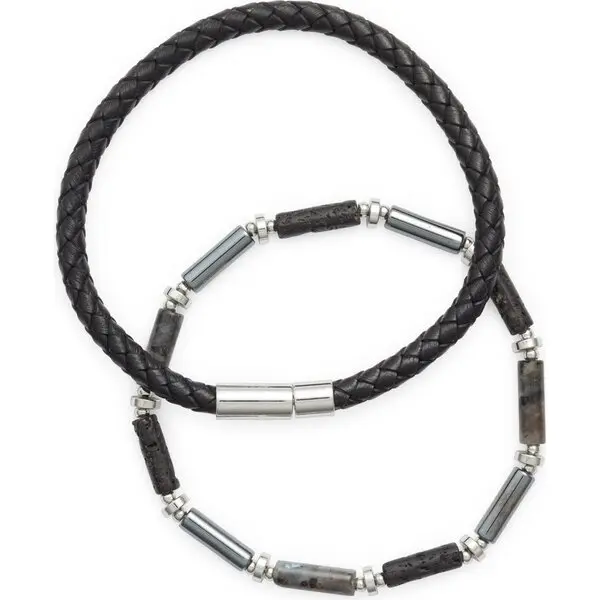 Nordstrom Set Of Braided Leather And Stone Bracelets - Black- Grey- Silver