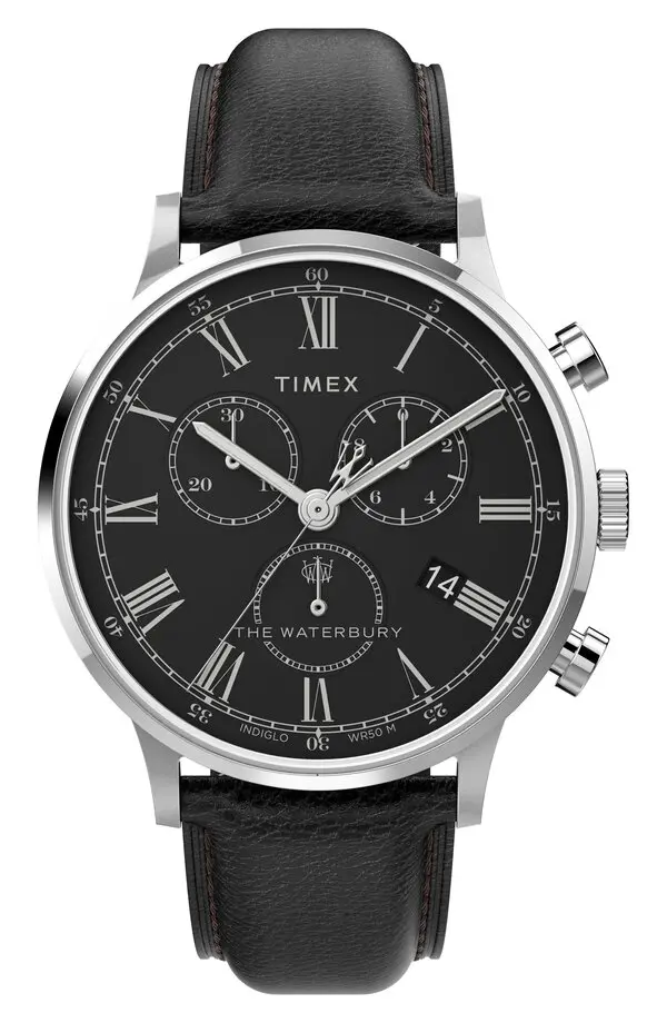 Timex® Waterbury Classic Chronograph Leather Strap Watch