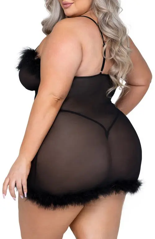 ROMA CONFIDENTIAL After Hours Feather Trim Mesh Chemise With G-string Thong