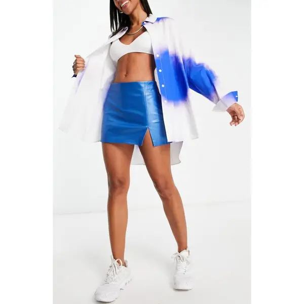 Topshop Slit Hem Faux Leather Miniskirt - Medium Blue