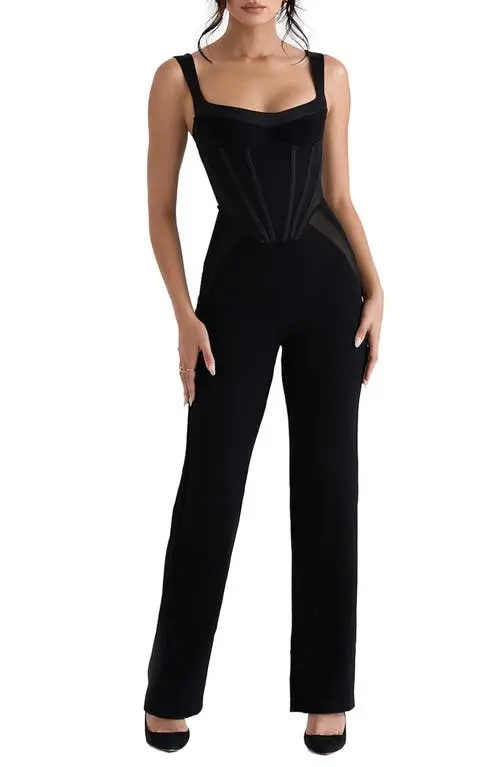House Of Cb Mylene Corset Mesh Panel Jumpsuit - Black