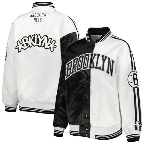 STARTER White Brooklyn Nets Split Colorblock Satin Full-snap Varsity Jacket - Black