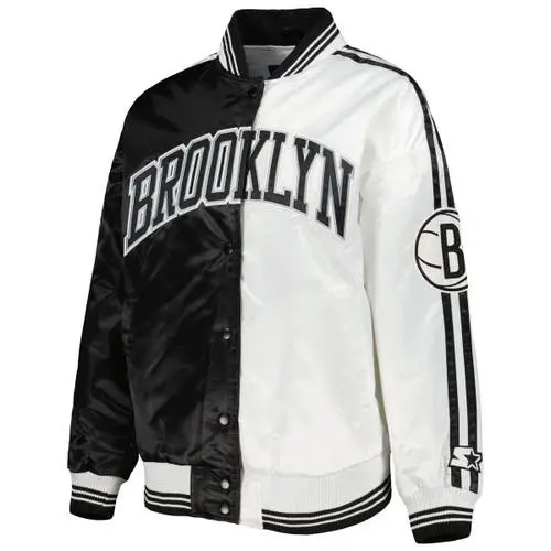STARTER White Brooklyn Nets Split Colorblock Satin Full-snap Varsity Jacket