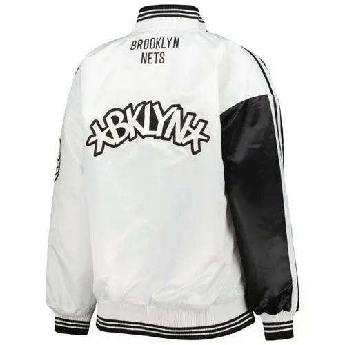 STARTER White Brooklyn Nets Split Colorblock Satin Full-snap Varsity Jacket