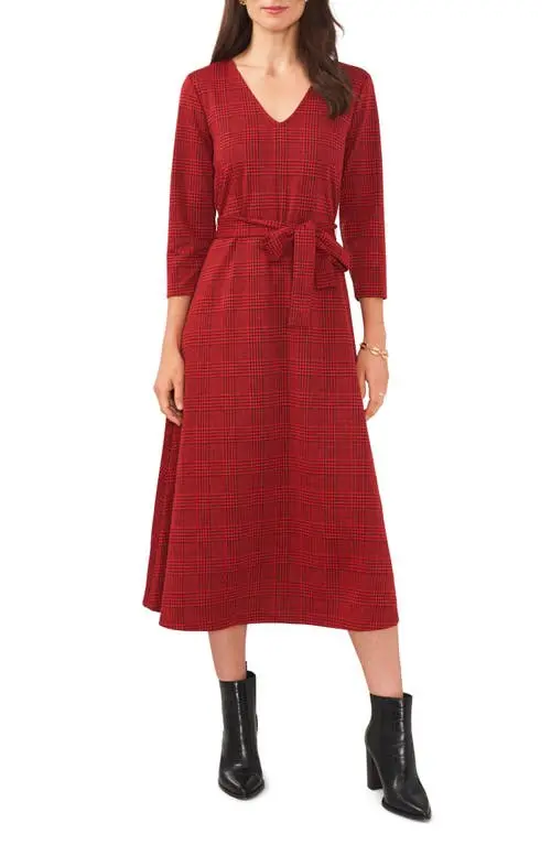 Chaus Houndstooth Plaid Jacquard Midi Fit & Flare Dress - Black/ Red