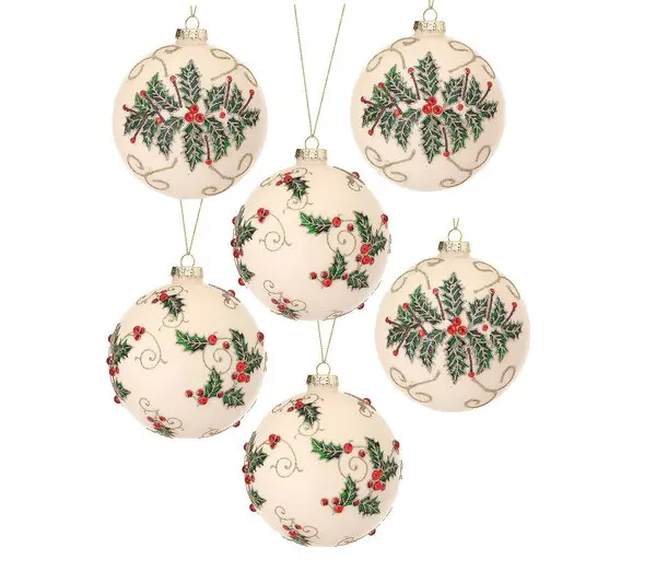 VALERIE PARR HILL 4' Glass Jewel Holly Vine Ball Ornament Set Of 6 Valerie - One-color
