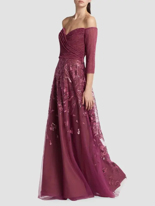 Rene Ruiz Collection Metallic Embroidered Tulle Gown