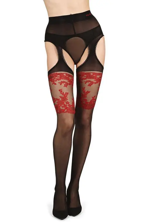 MEMOI Lady In Red Suspender Tights - Black-red