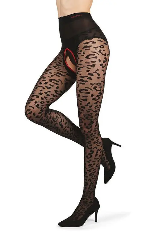 MEMOI Leopard Print Crotchless Tights - Black-red
