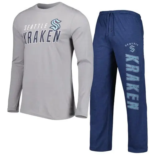 CONCEPTS SPORT Deep Sea Blue/ Seattle Kraken Meter Long Sleeve T-shirt & Pants Sleep Set - Gray