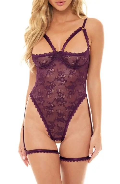 OH LA LA CHERI Elayne Lace Open Cup Underwire Teddy With Garter Straps - Potent Purple
