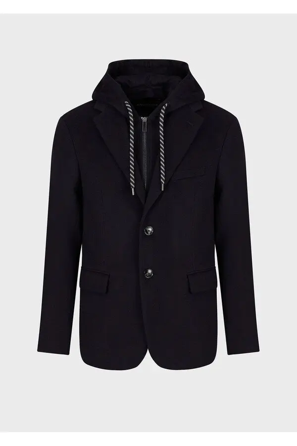 Emporio Armani Men Boiled Wool And Cashmere Blazer With Detachable Inner Panel And Hood