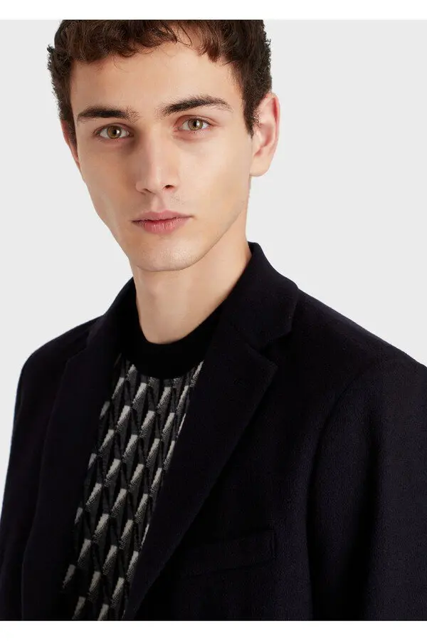 Emporio Armani Men Boiled Wool And Cashmere Blazer With Detachable Inner Panel And Hood