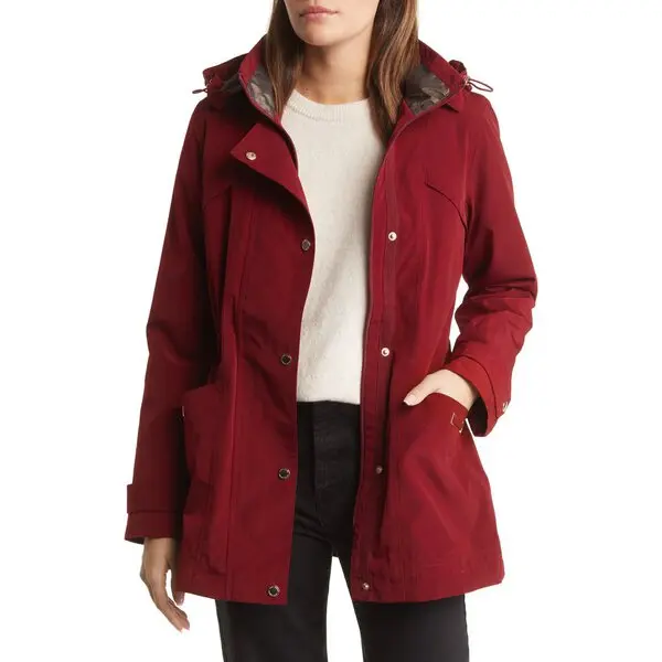 Gallery Cinched Waist Hooded Water-resistant Raincoat - Merlot