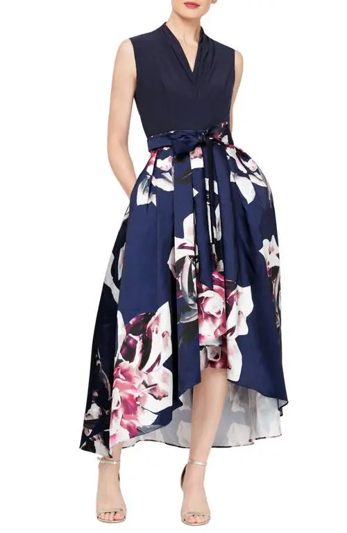 SL FASHIONS Floral Mikado High-low Gown - Navy Multi