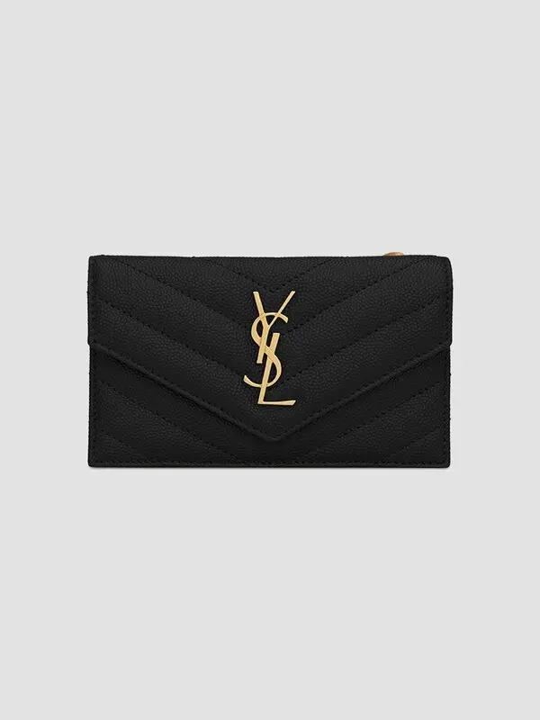 Saint Laurent Cassandre Matelassé Fragts Flap Card Case In Grain De Poudre Embossed Leather - Nero
