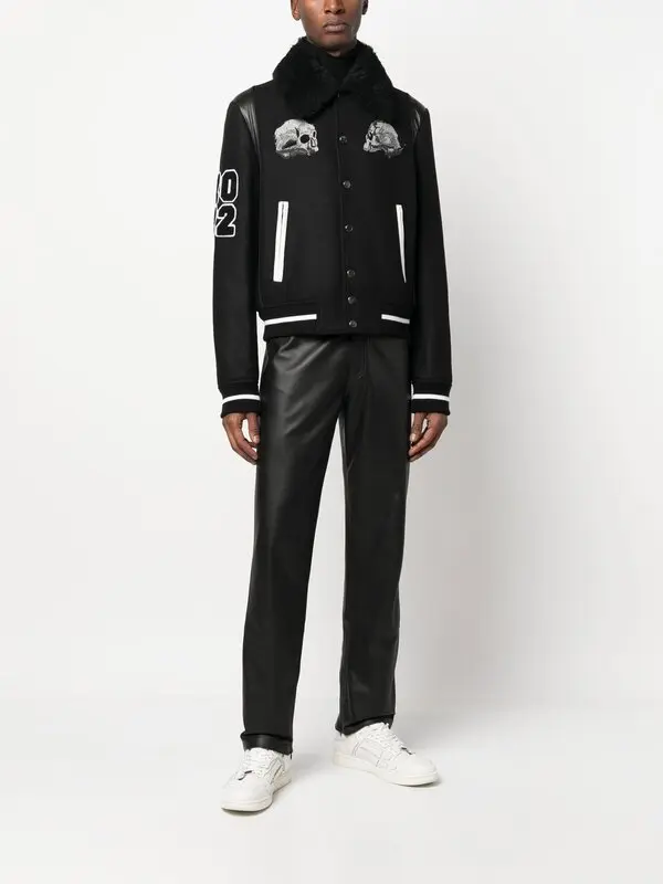 Amiri Varsity Jacket With Embroidered Skulls And Leather Trim