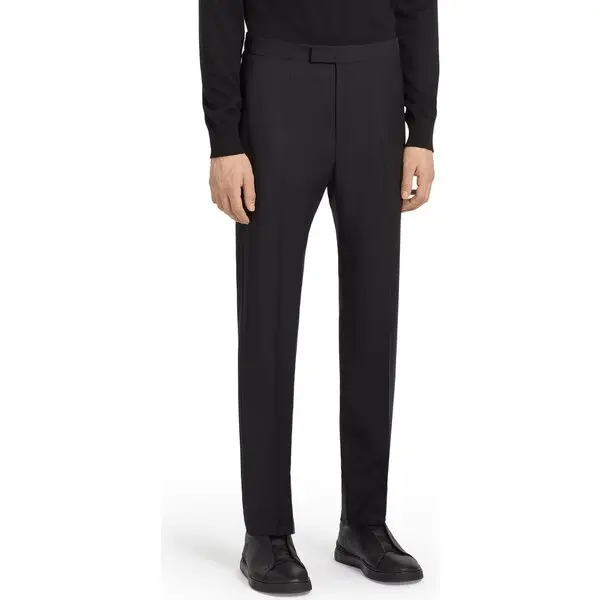 Zegna Flat Front Wool & Mohair Tuxedo Trousers - Black
