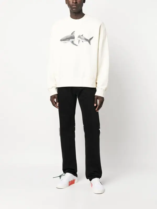 Palm Angels Shark Print Crew Neck Sweatshirt - Neutrals