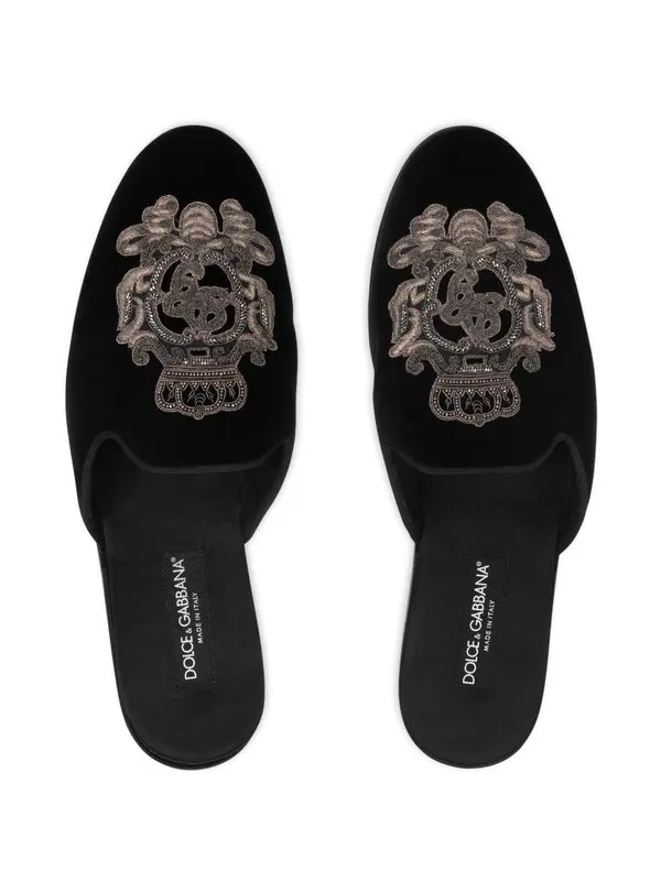 Dolce & Gabbana Embroidered Velvet Slippers - Black