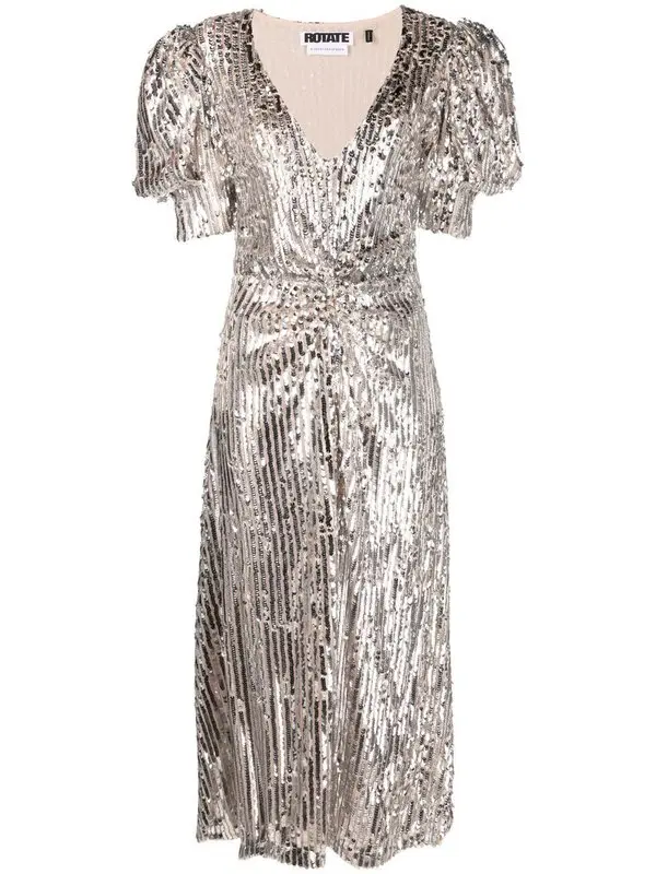 ROTATE BY BIRGER CHRISTENSEN Sequin Puff-sleeve Midi Dress