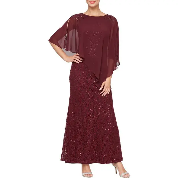 SL FASHIONS Sequin Lace Capelet Dress - Fig