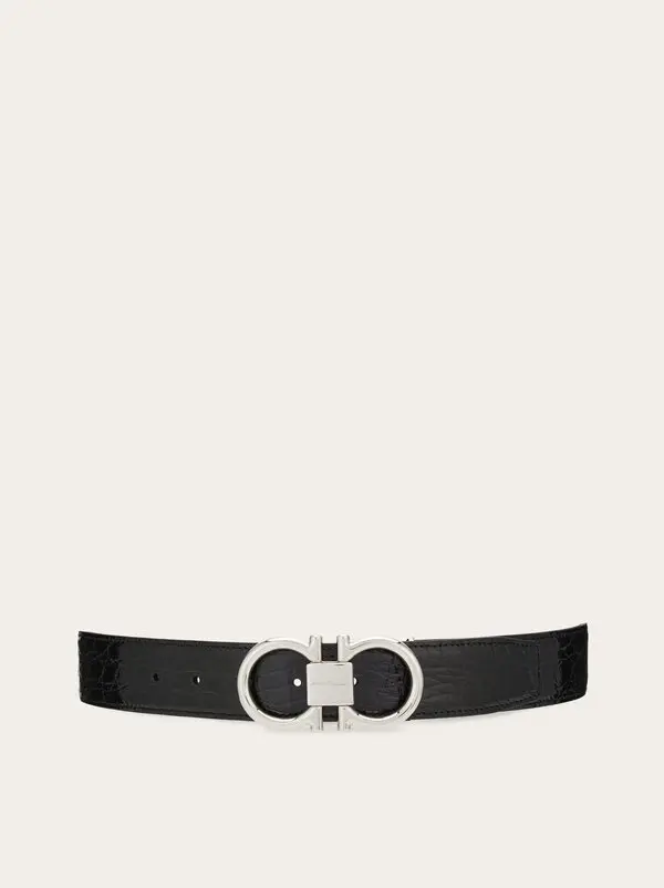 FERRAGAMO Adjustable Gancini Crocodile Leather Belt - Black