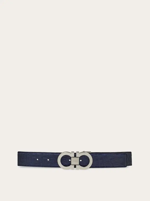 FERRAGAMO Adjustable Gancini Crocodile Leather Belt - Blue