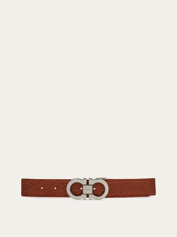 FERRAGAMO Adjustable Gancini Crocodile Leather Belt - Brown