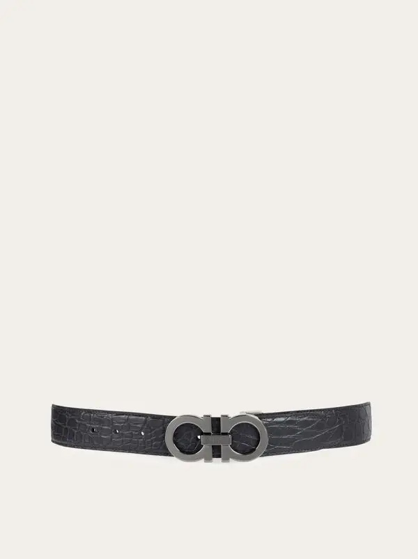 FERRAGAMO Adjustable Gancini Crocodile Leather Belt - Grey