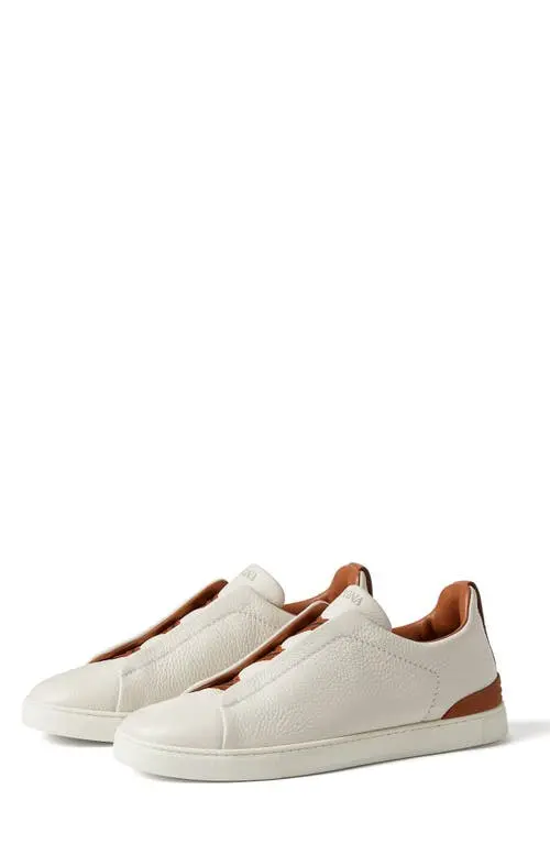 Zegna Triple Stitch Deerskin Leather Slip-on Sneakers - White/folliage