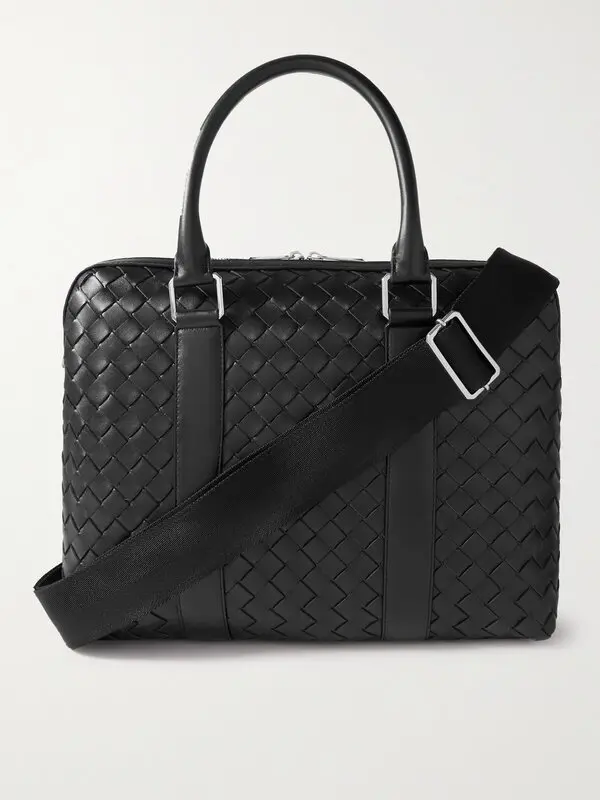 Bottega Veneta Slim Intrecciato Leather Briefcase - Black